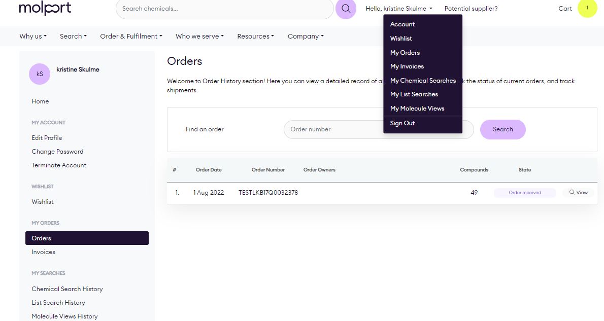 MolPort Real-time Order Tracking and Documentation